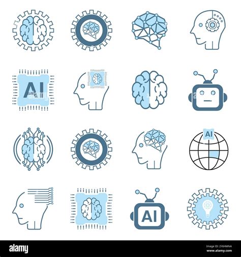 Set Of Modern Ai Icons Symbols Set Of Artificial Intelligence Lined Blue Cybernetic Ai Head