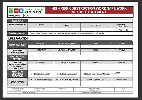 High Risk Construction Work Safe Work Method Statement
