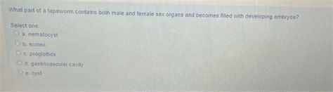 Solved What Part Of A Tapeworm Contains Both Male And Female