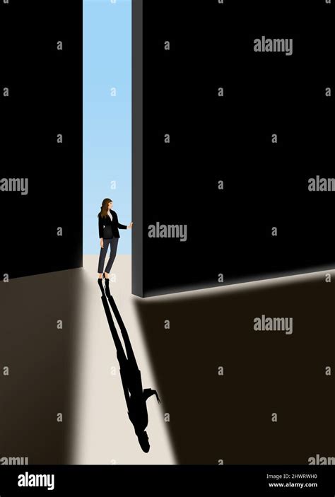 A Woman In Business Attire Pushes Open A Huge Door To Explore A New Area Inside In This 3 D