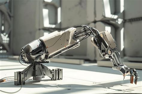 Futuristic Robotic Arm Reaching Out In A Modern Factory Setting Premium Ai Generated Image