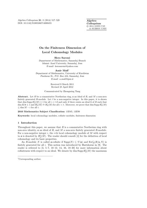Pdf On The Finiteness Dimension Of Local Cohomology Modules