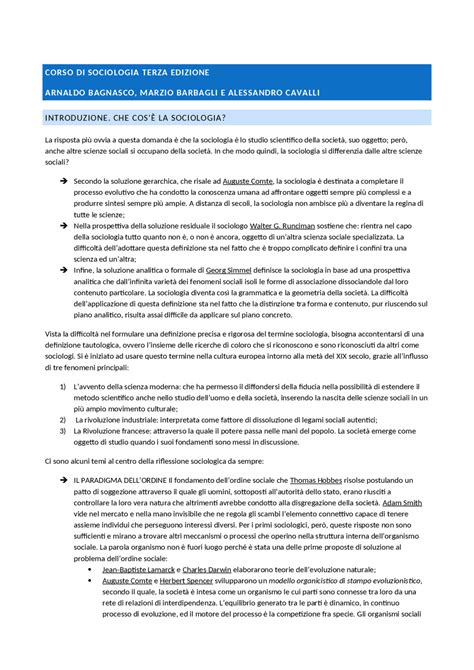 Riassunto Libro Corso Di Sociologia A Bagnasco M Barbagli A