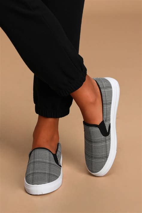 Cute Black And Grey Sneakers Plaid Sneakers Slip On Sneakers