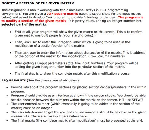 Solved Modify A Section Of The Given Matrix This Assignment