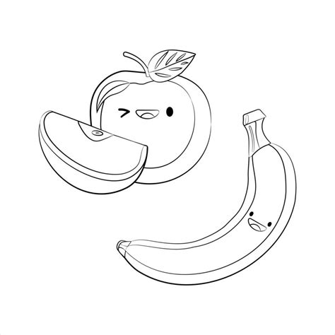 Outline Drawing Of Apple And Banana Black And White Vector Icon Cute