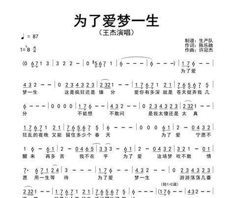 为了爱梦一生简谱 王杰为了爱梦一生简谱降B调 318曲谱