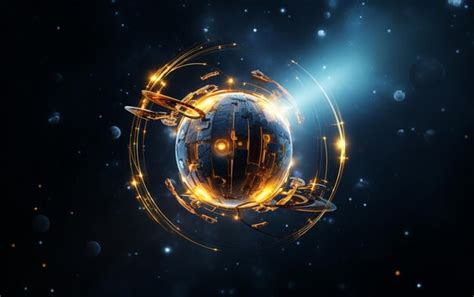 Premium Photo Glowing Spaceship Orbits Sphere In Deep Space