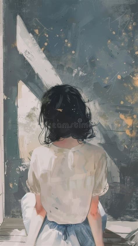Girl Looking Out Window In Animated Style Stock Illustration