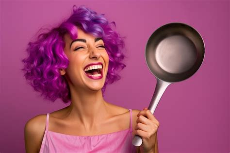 Premium Ai Image Happy Woman Holds Frying Pan Female Person Having