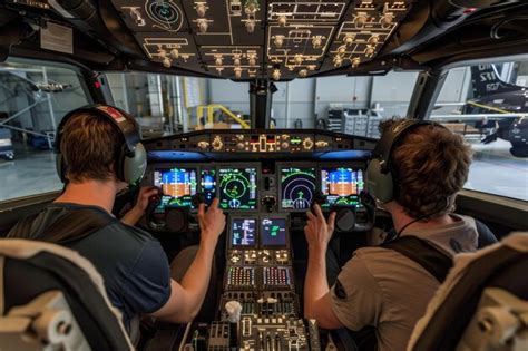 Engineers Integrating Advanced Avionics Systems In Aircraft Cockpit For Prototype Testing And