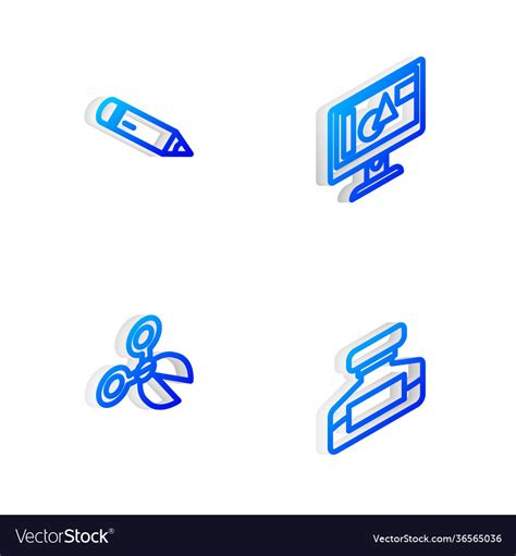 set isometric line computer monitor screen pencil vector image
