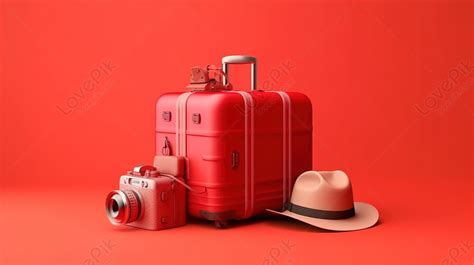 텍스트를 위한 공간이 있는 생생한 배경 여행 테마의 놀라운 3d 렌더링에 포함된 빨간색 수하물 카메라 및 모자 간이 배경
