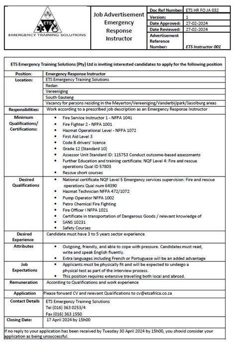 Ets Emergency Training Solutions On Linkedin Job Advertisement
