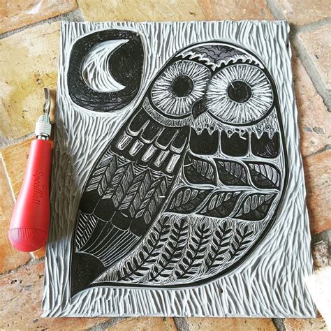 Beautiful Linocut Print Of An Owl Under The Moonlight