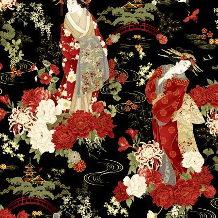SPECIALTY FABRICS Japanese Geishas With Red And White Flower And Gold