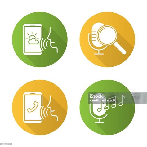 사운드 요청 평면 디자인 긴 그림자 문표 아이콘 세트 음성 제어 시스템 아이디어 음성 인식 기술 음성 제어 앱 마이크 스피커 벡터 실루엣 일러스트레이션 0명에 대한 스톡