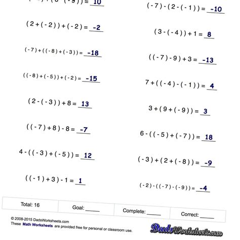 Adding And Subtracting Directed Numbers Worksheet Printable And