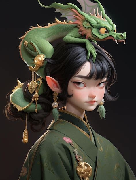 Premium Photo Anime Character With Dragon Headpiece And Green Hair