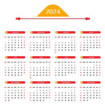 2024 Red And Yellow Yearly Calendar With Unique Style Vector Calendar