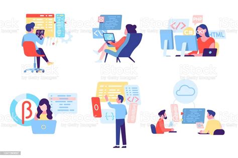 사람들은 소프트웨어를 프로그래밍합니다 만화 개발자는 웹 사이트 또는 앱과 함께 작동합니다 전문 It 엔지니어 컴퓨터 기술 작업 웹 개발 벡터 프로그래머 세트 Php