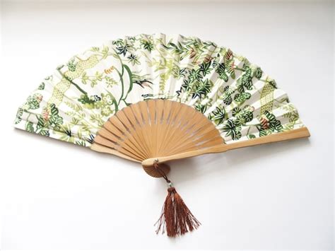 Japanese Sensu Folding Fan With Green Leafy Ornamenta Gem