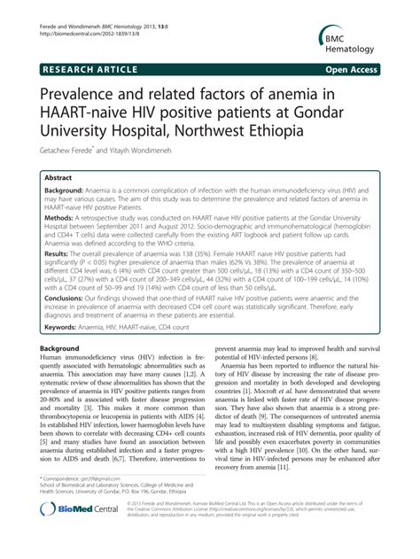 Pdf Prevalence And Related Factors Of Anemia In Haart Naive Hiv