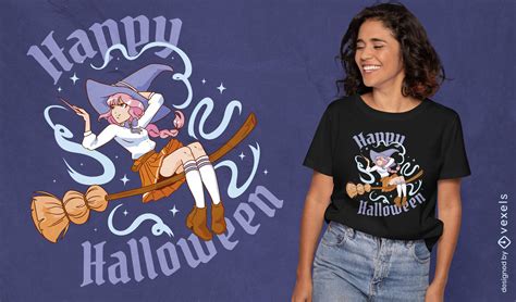 Anime Witch Girl In Broom T Shirt Design Vector Download