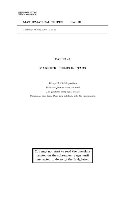 Magnetic Fields In Stars Math Tripos Past Exam Docsity