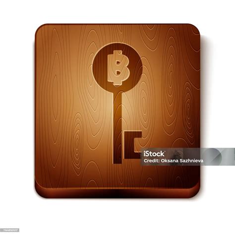 갈색 암호 화폐 비트 코인 키 아이콘흰색 배경에 격리 기술 인터페이스를 갖춘 사이버 보안 또는 디지털 키의 개념 나무 사각형 버튼입니다 벡터 일러스트레이션 0명에 대한 스톡