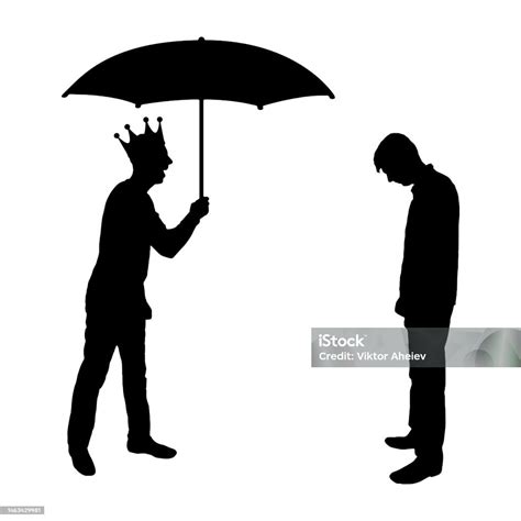 우산을 들고 왕관을 쓴 이기적인 남자는 빗속에서 다른 남자를 비웃는다 벡터 실루엣 30 34세에 대한 스톡 벡터 아트 및 기타