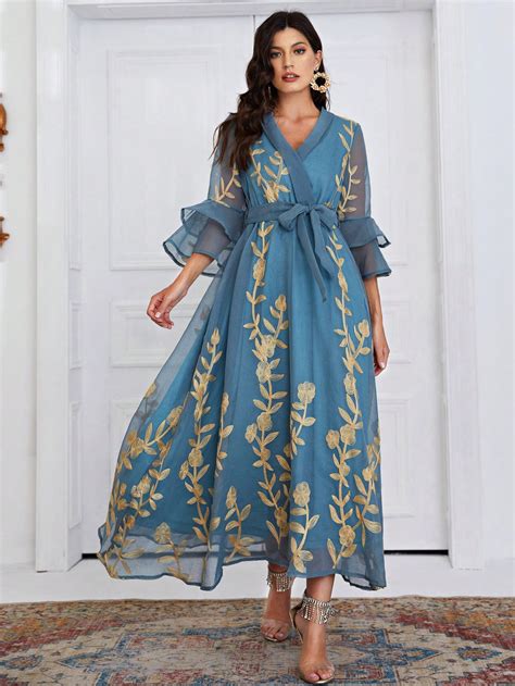 Shein Najma Plants Embroidery Surplice Neck Belted Dress Shein Uk