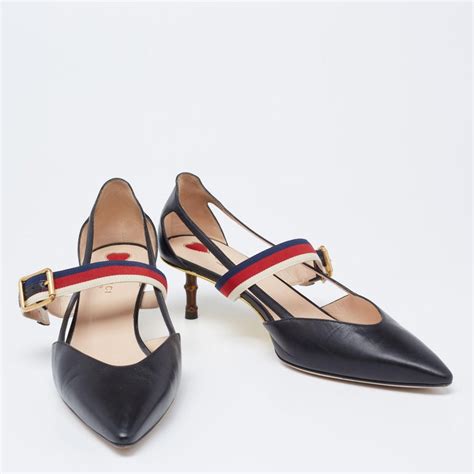 Gucci Black Leather Sylvie Web Strap Bamboo Heel Unia Pumps Size 41 For