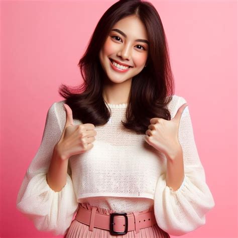 Portrait Happy Asian Cute Woman Shows Thumb Up And Looking At The