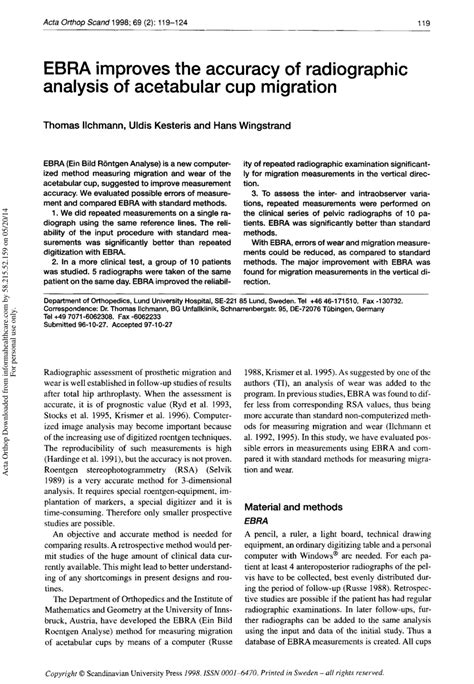 Pdf Ebra Improves The Accuracy Of Radiographic Analysis Of Acetabular Cup Migration