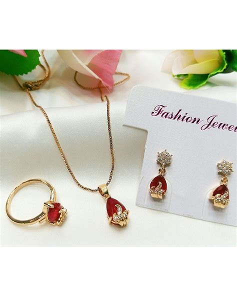 Beautiful Faux Ruby Necklace Earrings And Ring Jewelry Set Of Your Color