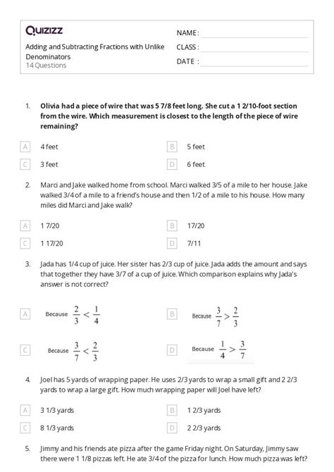 Subtracting Fractions With Unlike Denominators Worksheets For Th Grade On Quizizz Free