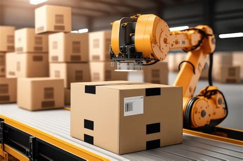 Premium AI Image Robotic Arm Sorting Packages In Warehouse