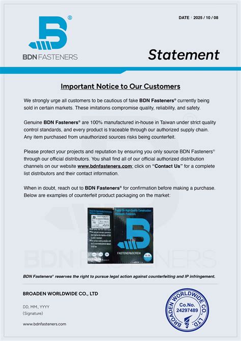 Beware Of Counterfeit Bdn Fasteners® Official Notice