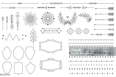 빈티지 라인은 플랫 그래픽 디자인의 요소를 설정했습니다 디바이더와 프레임 화살표 선형 월계수 및 번영 테두리 고전적인 화려한 비네트 엠블럼 모양 및 기타 컬렉션 벡터