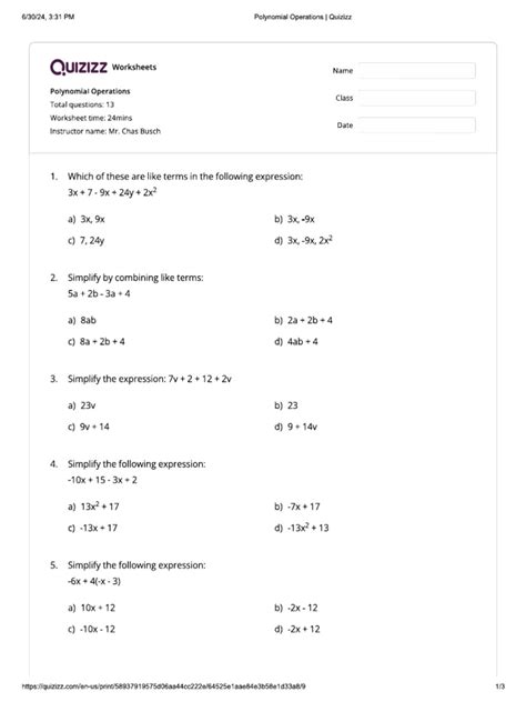 Polynomial Operations 1 Pdf