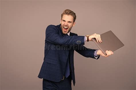 Angry Frustrated Businessman Hit Laptop In Office Businessman With