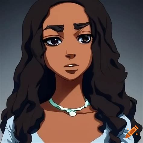 Katara With Long Black Wavy Hair In Black Shirt In Boondocks Style On