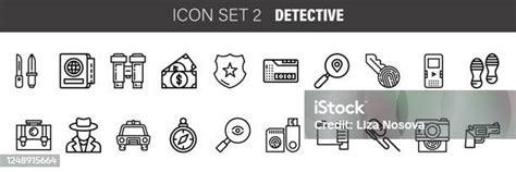 얇은 선 스타일로 설정된 탐정 아이콘입니다 아이콘 집합입니다 벡터 일러스트레이션 0명에 대한 스톡 벡터 아트 및 기타 이미지 0명 Criminal