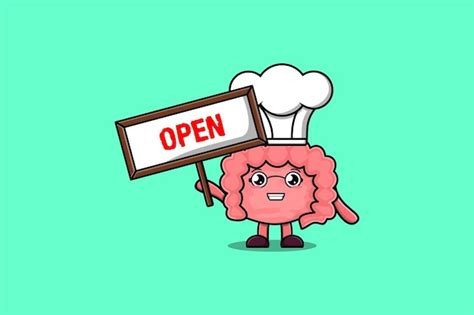 Premium Vector Cute Cartoon Intestine Character Holding Open Sign