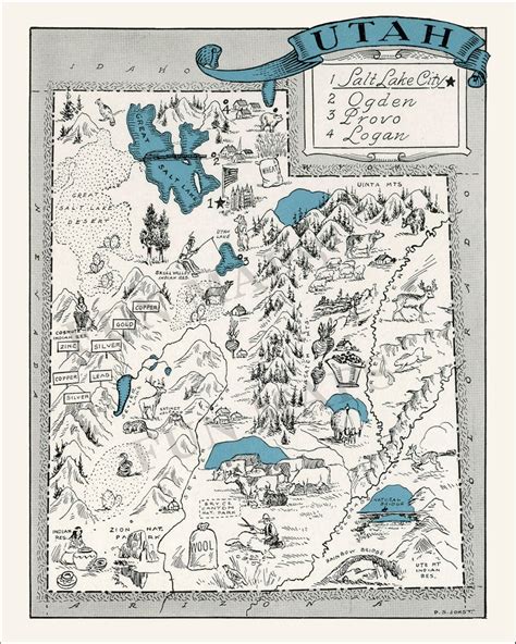 Pictorial Map Of Utah Digital Download Printable Vintage Fun Old Wall