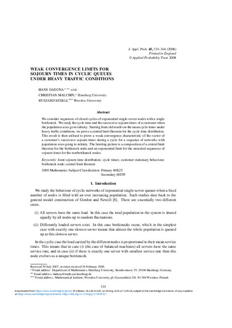 Pdf Weak Convergence Limits For Sojourn Times In Cyclic Queues Under Heavy Traffic Conditions