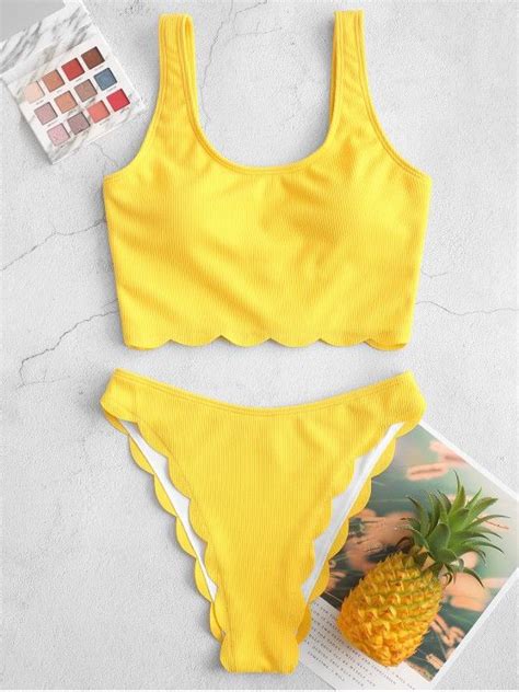 [33 Off] 2021 Zaful Scalloped Ribbed High Cut Tankini Swimsuit In