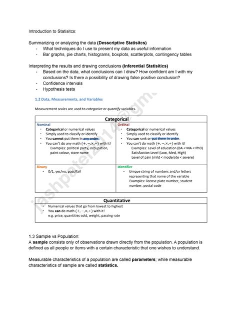 291 Notes Cheat Sheet Introduction To Statisitcs Summarizing Or