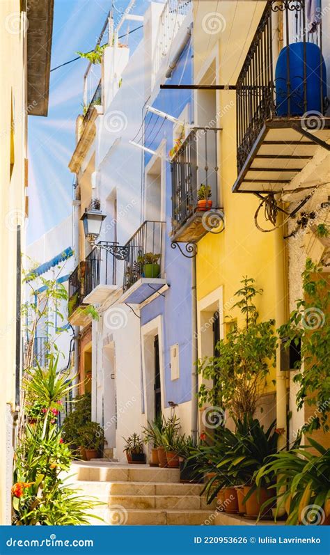 Animada Calle Estrecha Con Coloridas Casas Y Macetas En El Barrio Antiguo El Barrio O Casco